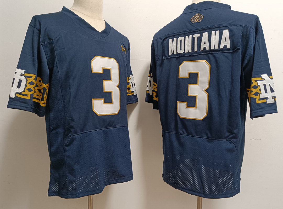 Mens Notre Dame Fighting Irish 3 Joe Montana 2023 Navy With Name Aer